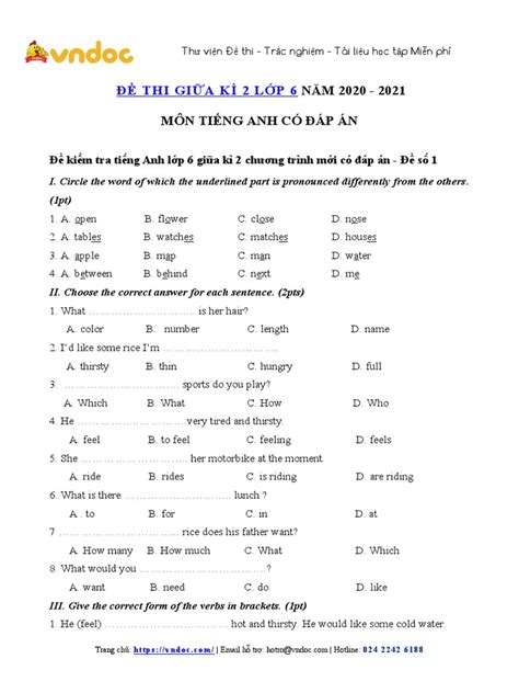 Bo De Thi Giua Ky 2 Mon Tieng Anh Lop 6 Co Dap An Pdf Lunch Meal