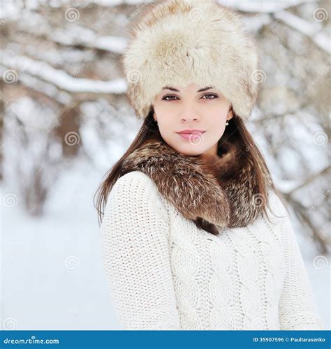 Young Sensual Girl In Winter Beautiful Brunette Posing Outdoor Stock