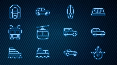 세트 라인 잠수함 오프로드 자동차 서핑 보드 케이블 트롤리 버스 래프팅 보트 자동차 및 아이콘 벡터 강에 대한 스톡 벡터 아트