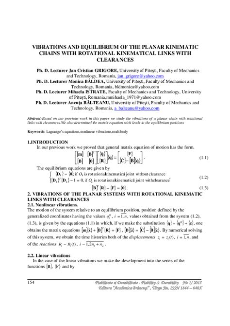 Pdf Vibrations And Equilibrium Of The Planar Kinematic Chains With