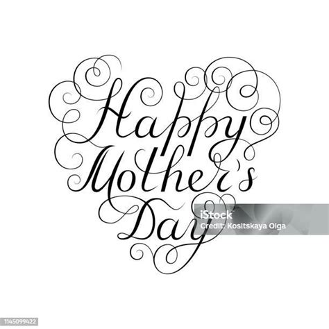 행복 한 어머니의 날입니다 흰색 바탕에 검은 잉크 서 예 심장 모양입니다 인사말 카드 포스터 디자인에 사용 됩니다 손으로 그린 영어 레터링 개념에 대한 스톡 벡터 아트 및