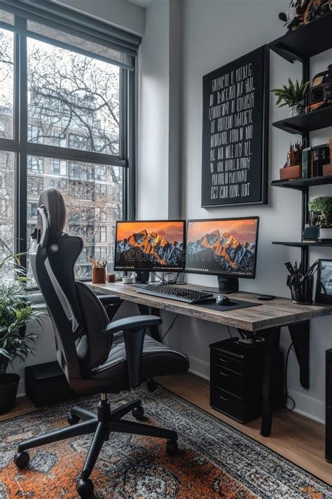 Modern Workspace Setup With Dual Monitors And Greenery In A Well Lit