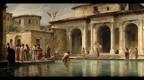 Ancient Roman Bathhouse With Angel And People Bathing In Pool Premium
