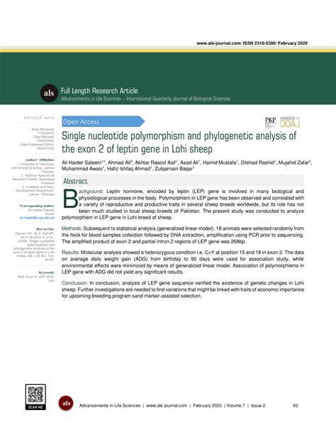 Pdf Single Nucleotide Polymorphism And Phylogenetic Analysis Of The Exon 2 Of Leptin Gene In
