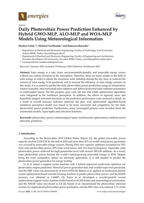Pdf Daily Photovoltaic Power Prediction Enhanced By Hybrid Gwo Mlp