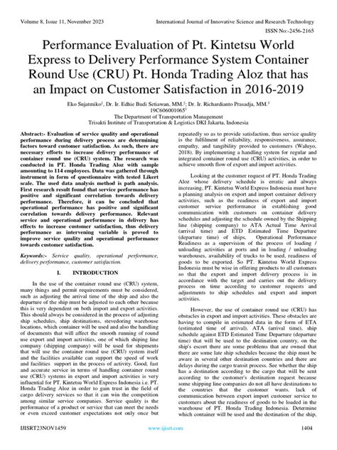 performance evaluation of pt kintetsu world express to delivery performance system container