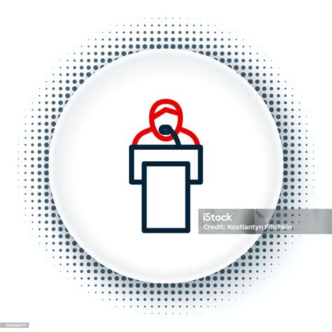 선은 흰색 배경에 격리 된 강의 아이콘을 제공합니다 연단 근처에 서라 마이크로 말하십시오 연사 강의와 제스처 다채로운 개요 개념