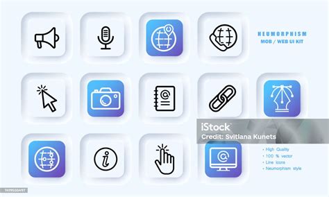 앱 설정 아이콘입니다 메가폰 발표 마이크 지리적 위치 네비게이터 전화 커서 카메라 이메일 링크 체인 정보 손 컴퓨터 에서 기술 개념 신형성 벡터 선 아이콘 3차원 형태에