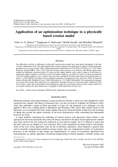 Pdf Application Of An Optimization Technique To A Physically Based Erosion Model Vajapeyam