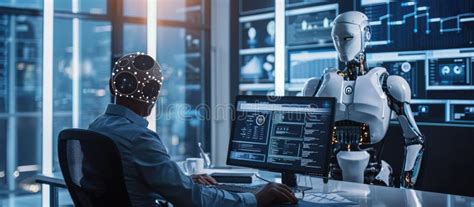 Ai Robot Analyzes Data On Multiple Monitors In Futuristic Office Showcasing Advanced Technology