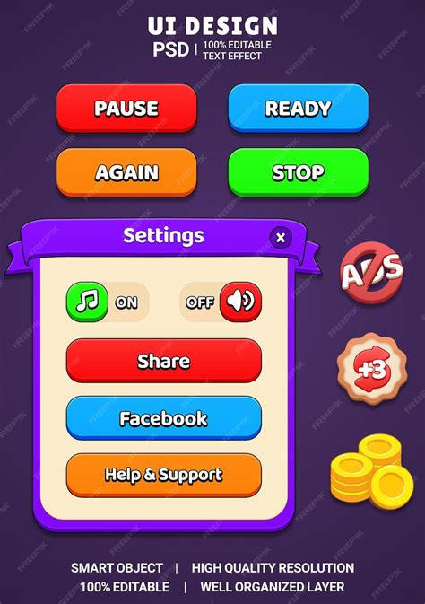 Современный Casual Game Ui Kit Design Game Ui Kit Psd Поп ап игра Ui кнопочный интерфейс
