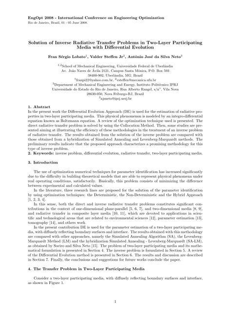Pdf Solution Of Inverse Radiative Transfer Problems In Two Layer Participating Media With