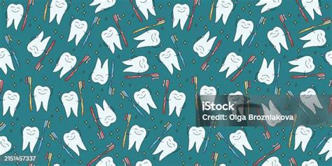 치과 패턴 치아 청소 칫솔을 손에 들고 치아 반짝반짝 건강하고 행복 한 흰 치아 별 낙서 스타일 구강 위생 벡터 그래픽 원활한 배경 개체 그룹에 대한 스톡 벡터 아트 및