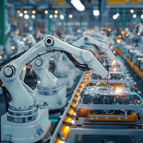 Industrial Robot Arms Assemble Lithiumion Ev Battery Pack Premium Ai Generated Image