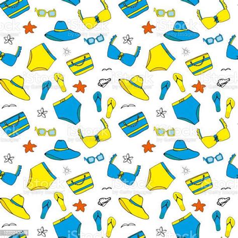 여름 해변 액세서리와 원활한 노란색 파란색 패턴 당신의 디자인을위한 여름 개체와 끝없는 질감 가방에 대한 스톡 벡터 아트 및 기타 이미지 Istock