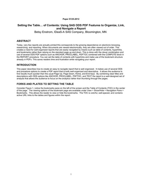 setting the table… of contents using sas ods pdf features to