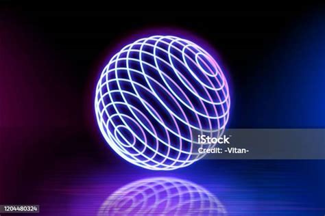 어두운 배경에 네온 색상 기하학적 원 구 구 구조 발광 선 네온 사인 바닥에 파란색과 분홍색 네온 빛의 반사 어둠 속에서 빛의 광선 연기 벡터 구에 대한 스톡 벡터 아트 및