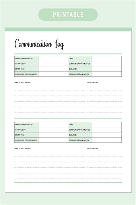 Printable Communication Log Call Log Template A And Letter Size Parent Communication Log