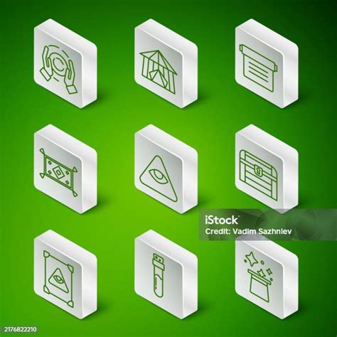 세트 라인 마법 모자 물약이 든 병 공 손 석공 카펫 서커스 텐트 고대 마법 책 및 골동품 보물 상자 아이콘 벡터 3차원 형태에 대한 스톡 벡터 아트 및 기타 이미지