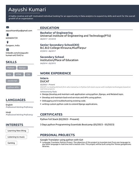 Aayushis Resume Download Free Pdf Python Programming Language