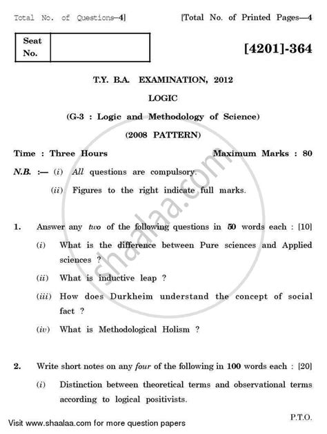 Logic General Paper 3 Logic And Methodology Of Science 2012 2013 Ba Logic 3rd Year Tyba