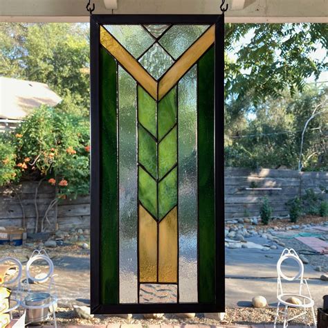 Frank Lloyd Wright Inspired Stained Glass Window Panel Dark Green 1