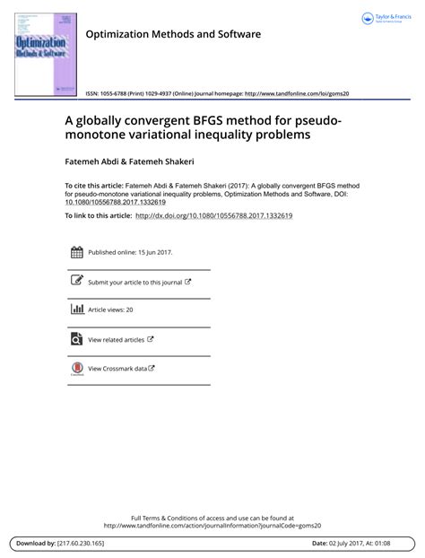 Pdf A Globally Convergent Bfgs Method For Pseudo Monotone Variational Inequality Problems