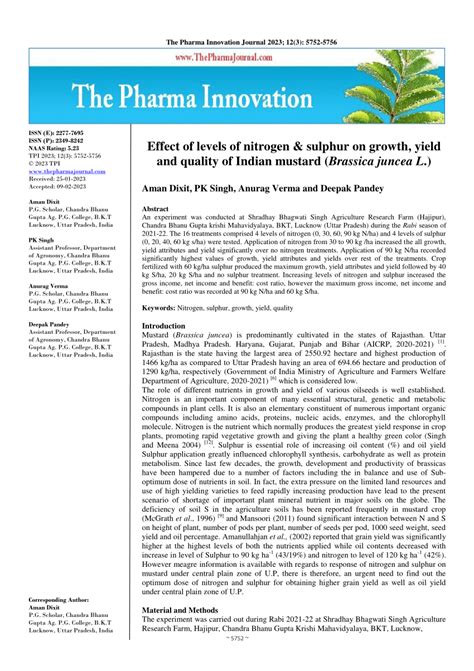 Pdf Effect Of Levels Of Nitrogen And Sulphur On Growth Yield And Quality Of Indian Mustard