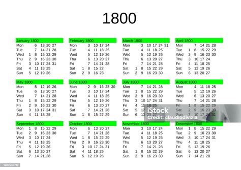 Year 1800 Calendar In English Stock Illustration Download Image Now