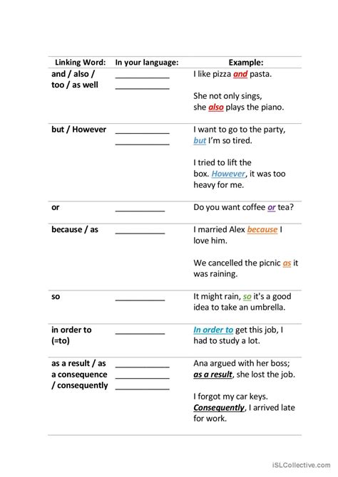 List Of Common Linking Words Exampl… English Esl Worksheets Pdf And Doc