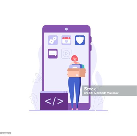 모바일 응용 프로그램과 함께 상자를 들고 서 여자 모바일 응용 프로그램 개발 배너입니다 앱 개발 모바일 인터페이스 디자인 및 프로그래밍 기술의 개념 Ui 모바일 앱에 대한