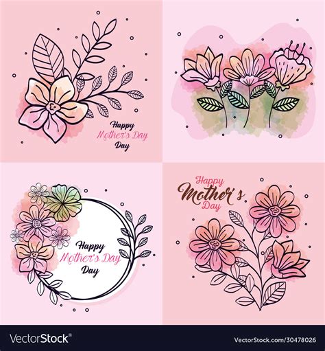 Set Cards Happy Mother Day With Flowers Royalty Free Vector