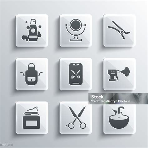 설정 가위 미용사 Washbasin 미용사 권총 스프레이 병 이발사 온라인 서비스 플랫폼 크림 화장품 항아리 앞치마 샴푸와 클립 아이콘 벡터 가위에 대한 스톡 벡터 아트 및