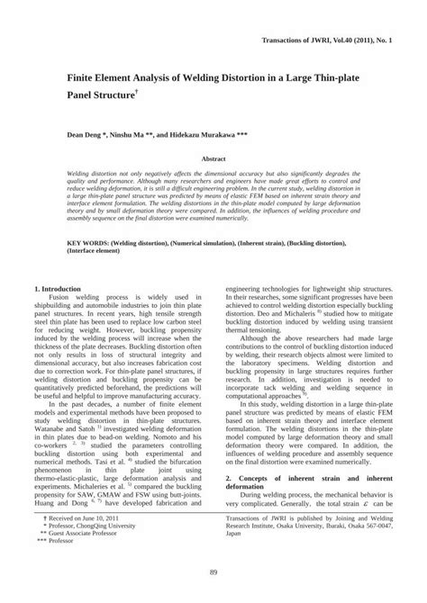 Pdf Finite Element Analysis Of Welding Distortion In A Large Finite