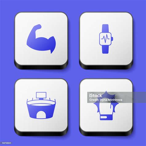 보디빌더가 근육을 보여주고 심장이 있는 스마트 워치 경기장과 펀치 권투 글러브 아이콘을 보여준다 흰색 사각형 버튼입니다 벡터