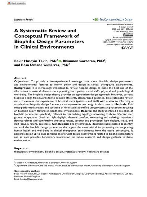 Tekin Et Al 2022 A Systematic Review And Conceptual Framework Of Biophilic Design Parameters In