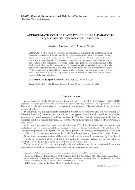 Pdf Approximate Controllability Of Linear Parabolic Equations In Perforated Domains