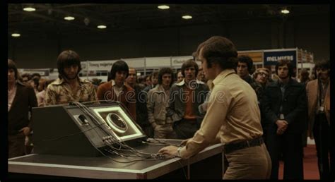 Vintage Technology Expo Crowd Observes Man Demonstrating Early Computer