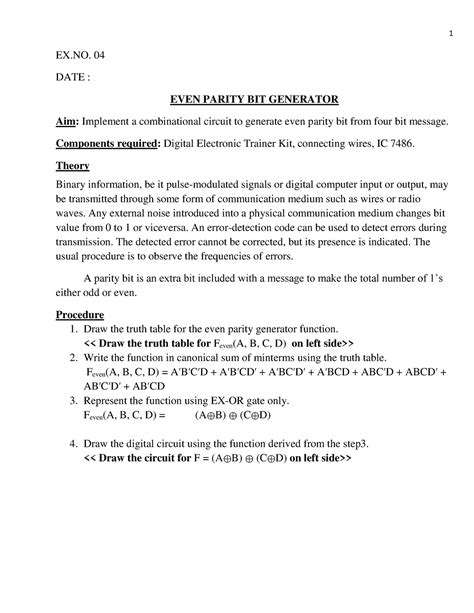 Expno04 Even Parity Generator 1 Ex 04 Date Even Parity Bit