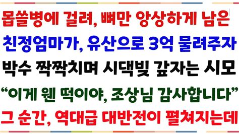 반전신청사연병에걸려 엄마가 고향으로 가면서 유산으로 3억을 주자 그돈으로 시댁빚 갚아달라는 시댁 조상님 정말