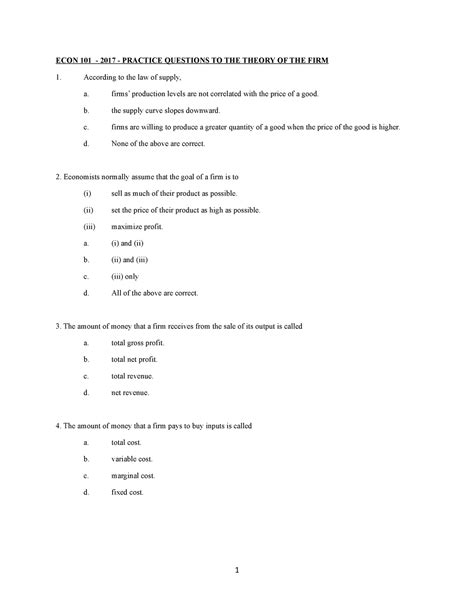 Practise Questions On Theory Of The Firm ECON PRACTICE QUESTIONS TO THE THEORY OF