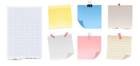핀 종이 클립 푸시 핀 접착 테이프 및 스티커 테이프가있는 메모지 세트 빈 시트 메모 찢어진 종이 시트 및 흰색 배경에 격리 된 노트북 페이지 벡터 일러스트레이션 0명에
