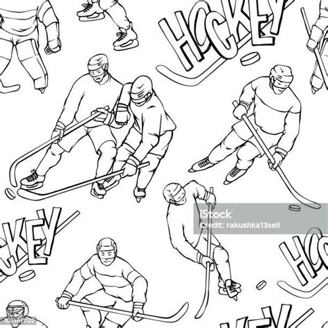 스포츠 유니폼과 비문 글씨로 벡터 패턴 하 키 선수 골키퍼 블랙 화이트 개요 원활한 배경입니다 하 키 스틱과 퍽을 다른 레이스와 빈티지 레크리에이션 모션 개체 그룹에 대한