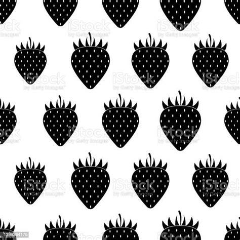 딸기로 이음새가 없는 패턴 흰색 배경에 검은 색 기호 야생 열매 딸기 아이콘 플랫 열매가있는 여름 배경 포장지 포장지에 인쇄를