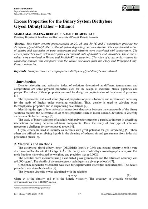 Pdf Excess Properties For The Binary System Diethylene Glycol Dibutyl Ether Ethanol