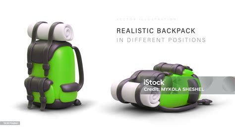 트위스트 매트가 있는 사실적인 배낭 녹색 배낭이 서서 누워 있습니다 0명에 대한 스톡 벡터 아트 및 기타 이미지 0명 3차원 형태 가방 Istock
