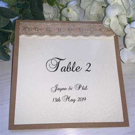 Table Number Name Cards Rustic Style With Pearls Lace And Hessian Band Double Sided
