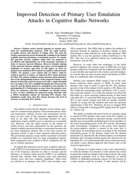 Pdf Improved Detection Of Primary User Emulation Attacks In Cognitive Radio Networks