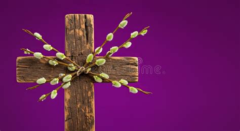 Rustic Wooden Cross With Blooming Willows On Vibrant Purple Background