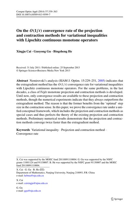 Pdf On The O1t Convergence Rate Of The Projection And Contraction Methods For Variational